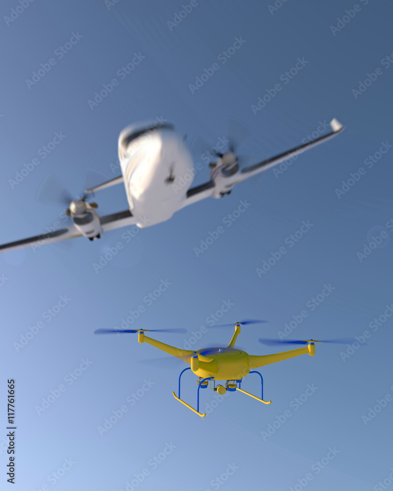 3D render of UAV drone and small airplane narrowly avoiding a mid-air ...