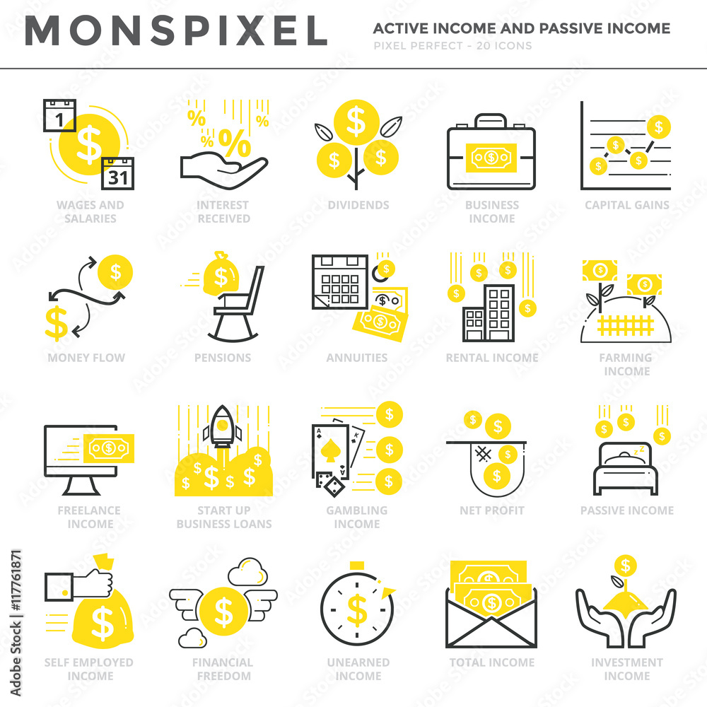 Flat thin line Icons set of Active Income and Passive Income. Pixel ...