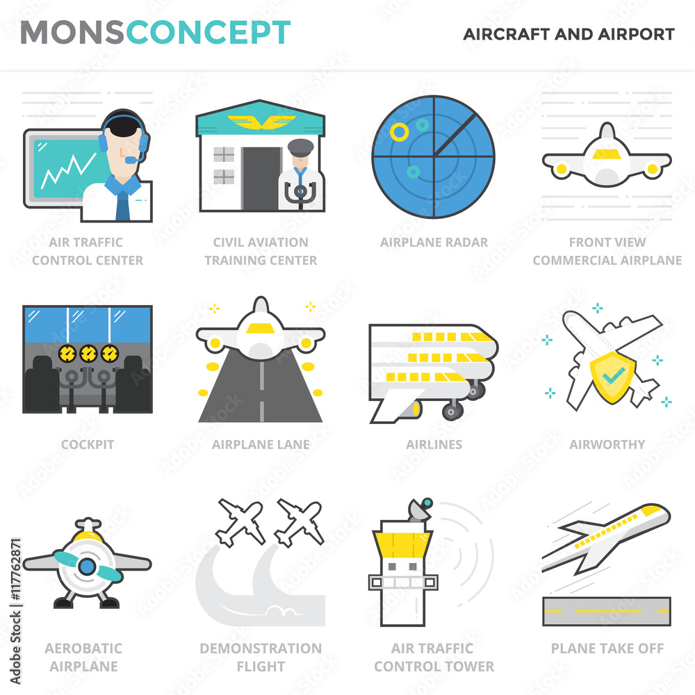 Flat Icons set of Aircraft and Airport for Infographic and web graphics ...
