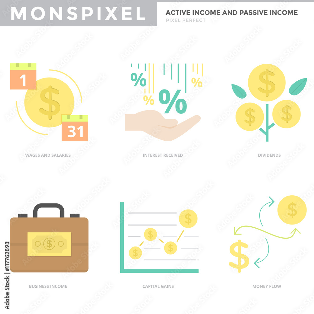 Flat Icons set of Active Income and Passive Income. Pixel Perfect Icons ...