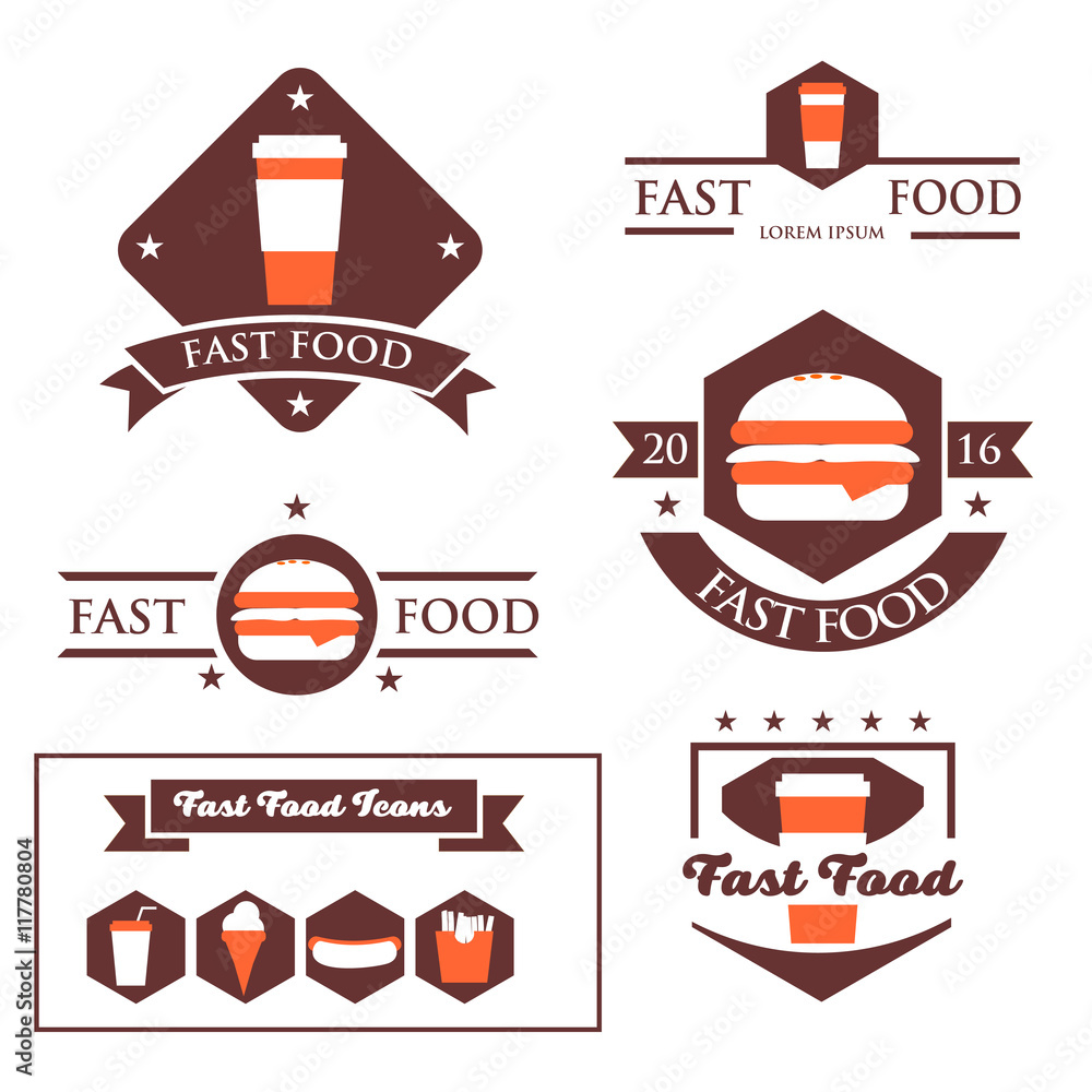 Set of vintage fast food restaurant signs, panel, insignias. Burger and ...