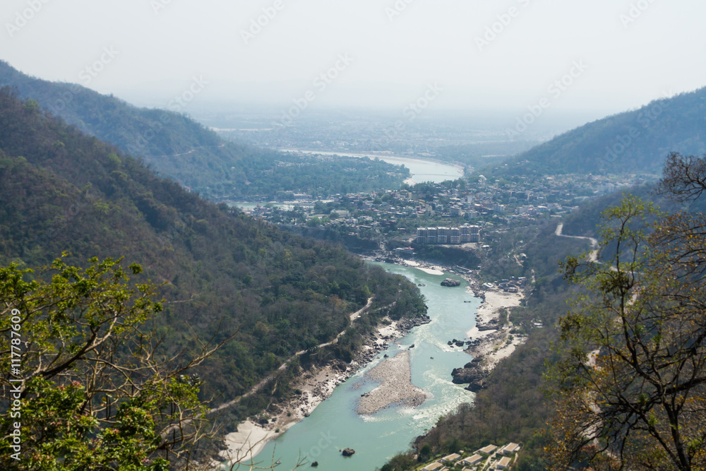 A photo of the Rishikesh Valley from the Lakshman Jhula iron suspension ...