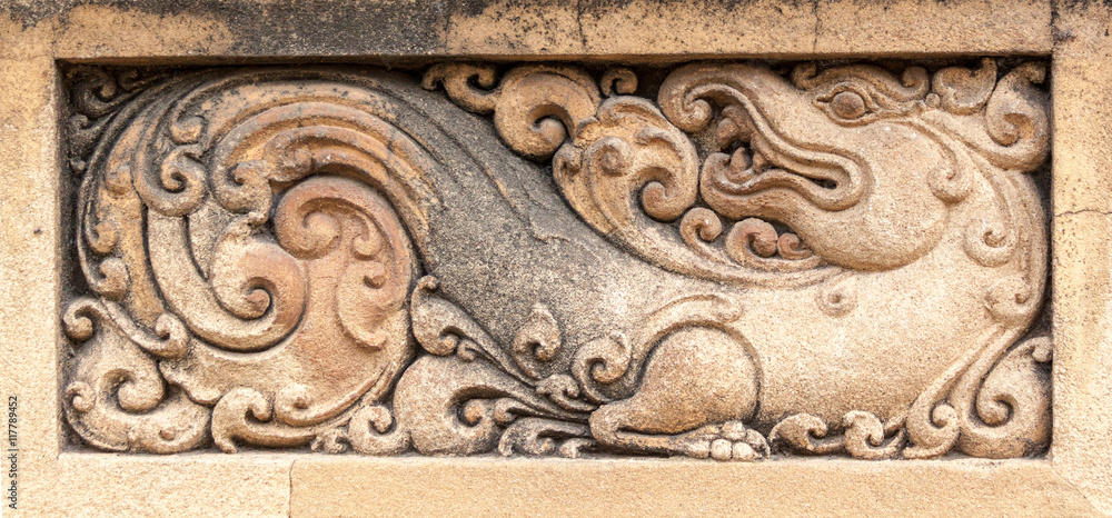 A carving of a Makara, a mythical creature, at the Kelaniya temple, Sri ...