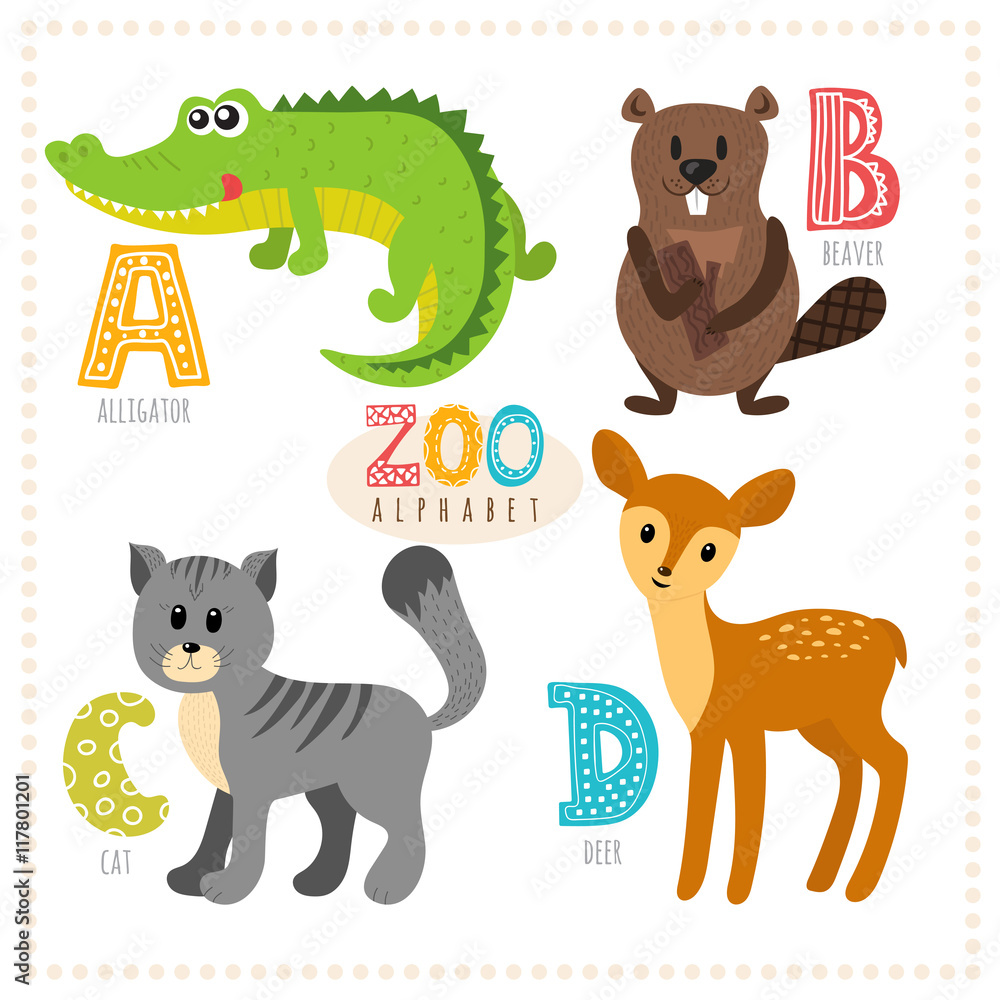 Cute cartoon animals. Zoo alphabet with funny animals. A, b, c, Stock ...