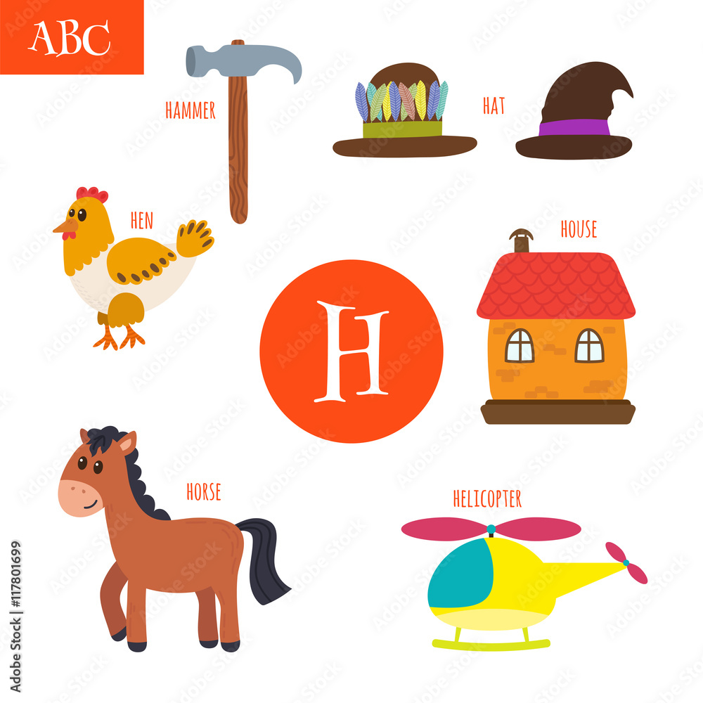 Letter H. Cartoon alphabet for children. Hen, horse, hat, house, Stock ...