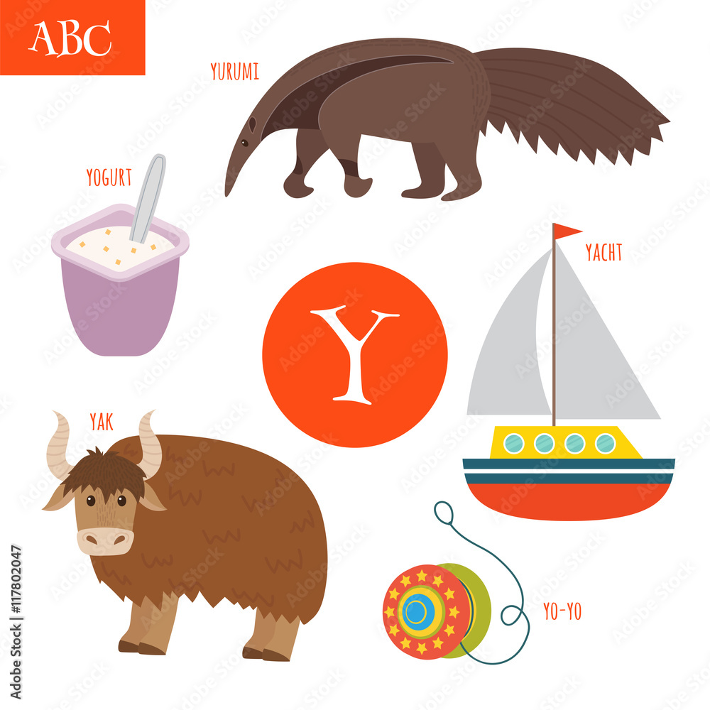 Letter Y. Cartoon alphabet for children. Yo-yo, yak, yacht, yogu Stock ...