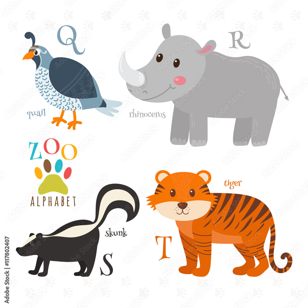 Zoo alphabet with funny cartoon animals. Q, r, s, t letters. Qua Stock ...