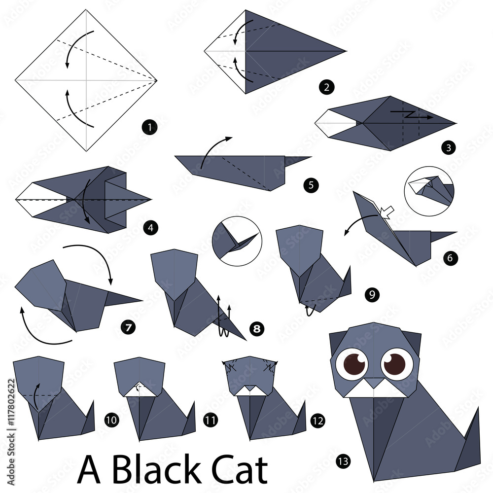 Step By Step Instructions How To Make Origami A Cat Stock Vector