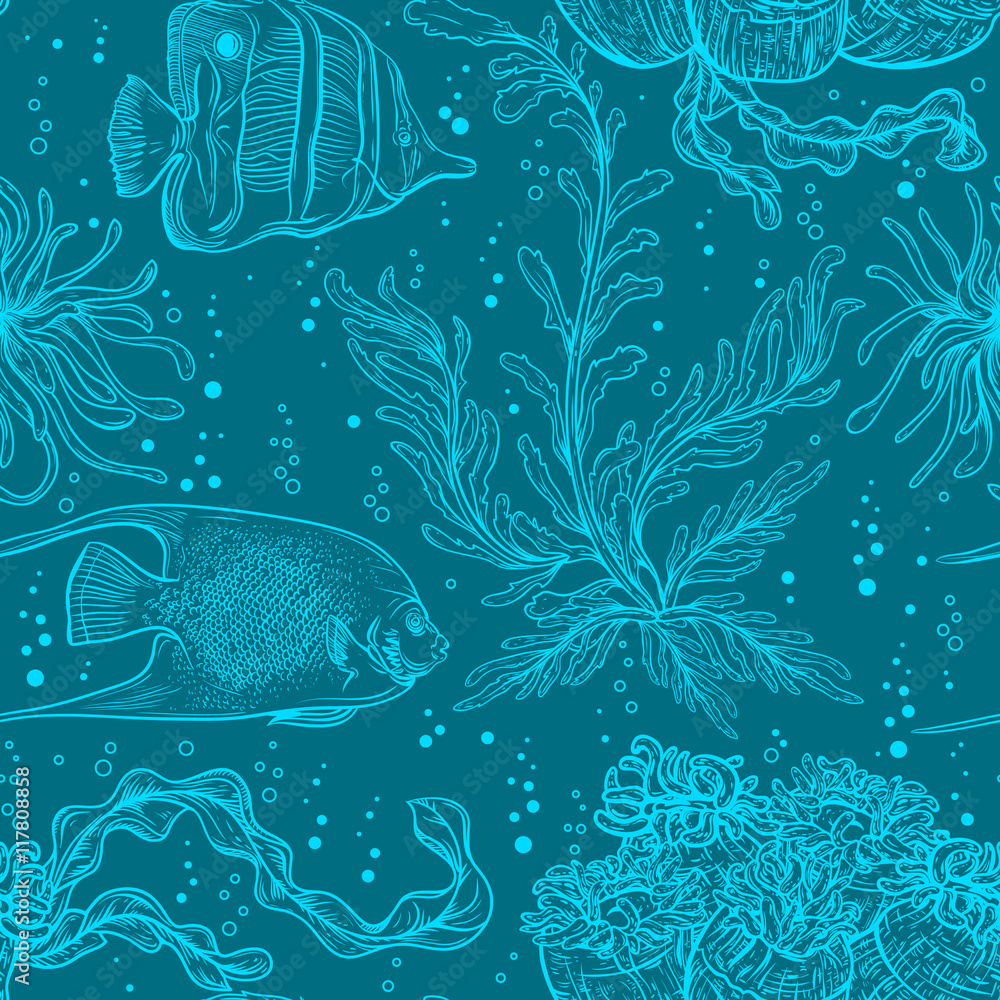 Seamless pattern with marine plants, coral, seaweed and tropical fish ...