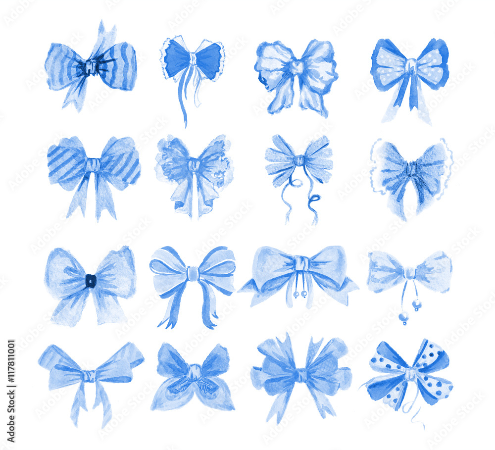 Watercolor bow set. Different blue bows and ribbons for holidays ...