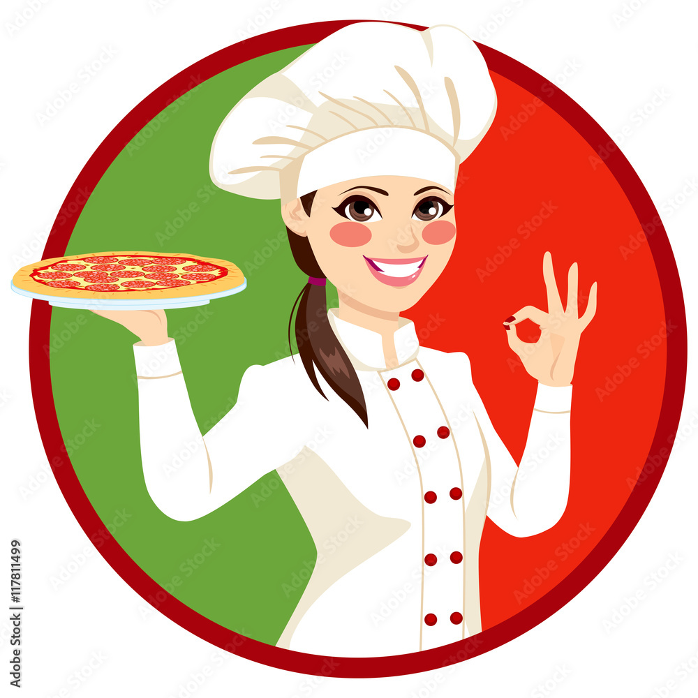 Young female Italian chef holding pizza and making ok sign with Italy ...