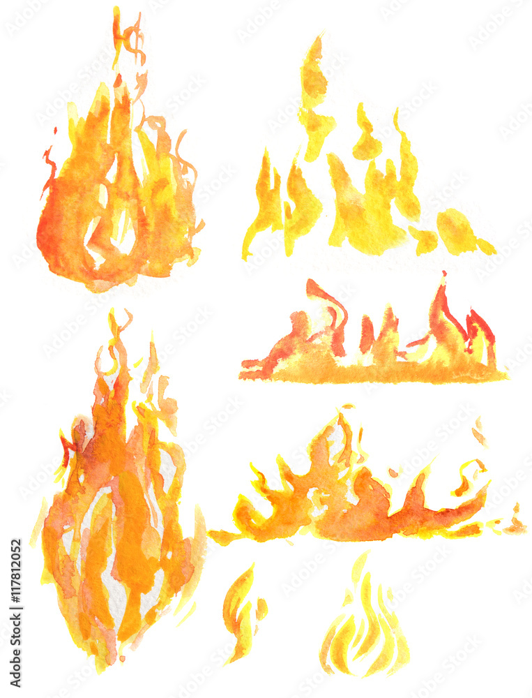 Watercolor flame set. Different kids of flames and fire. Fire element ...