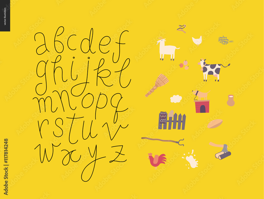Vector handwritten script latin alphabet on the yellow background with ...