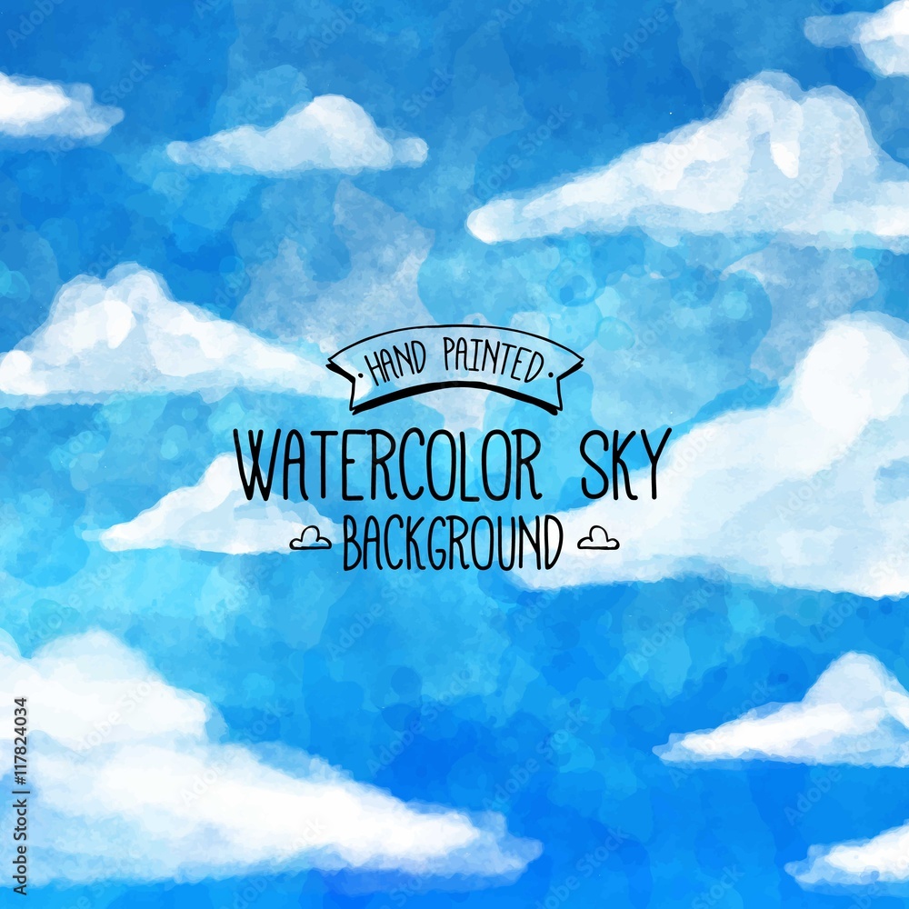 Watercolor blue sky with clouds background Stock Vector | Adobe Stock