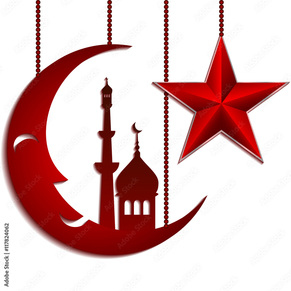 Card with red moon and star for greeting with Islamic holidays Ramadan ...