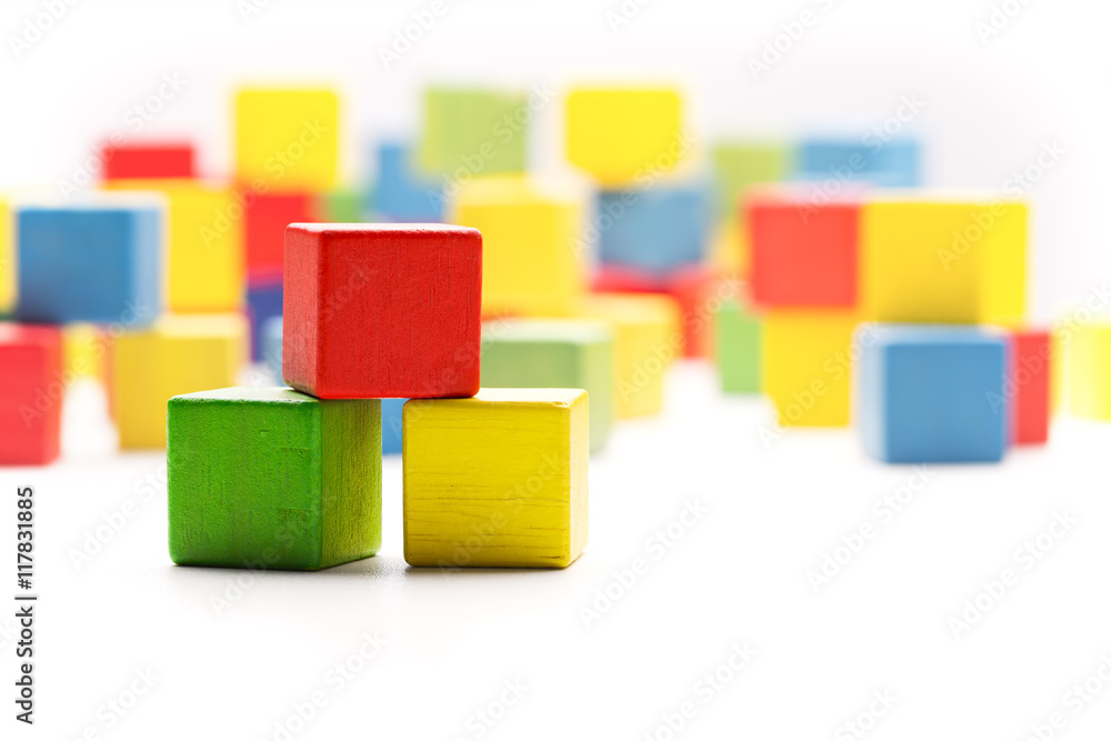 Toy Blocks Cubes, Three Wooden Babies Building Cubic Boxes Stock Photo ...
