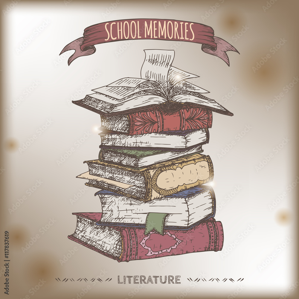 Color book stack sketch placed on old paper background. Stock Vector ...