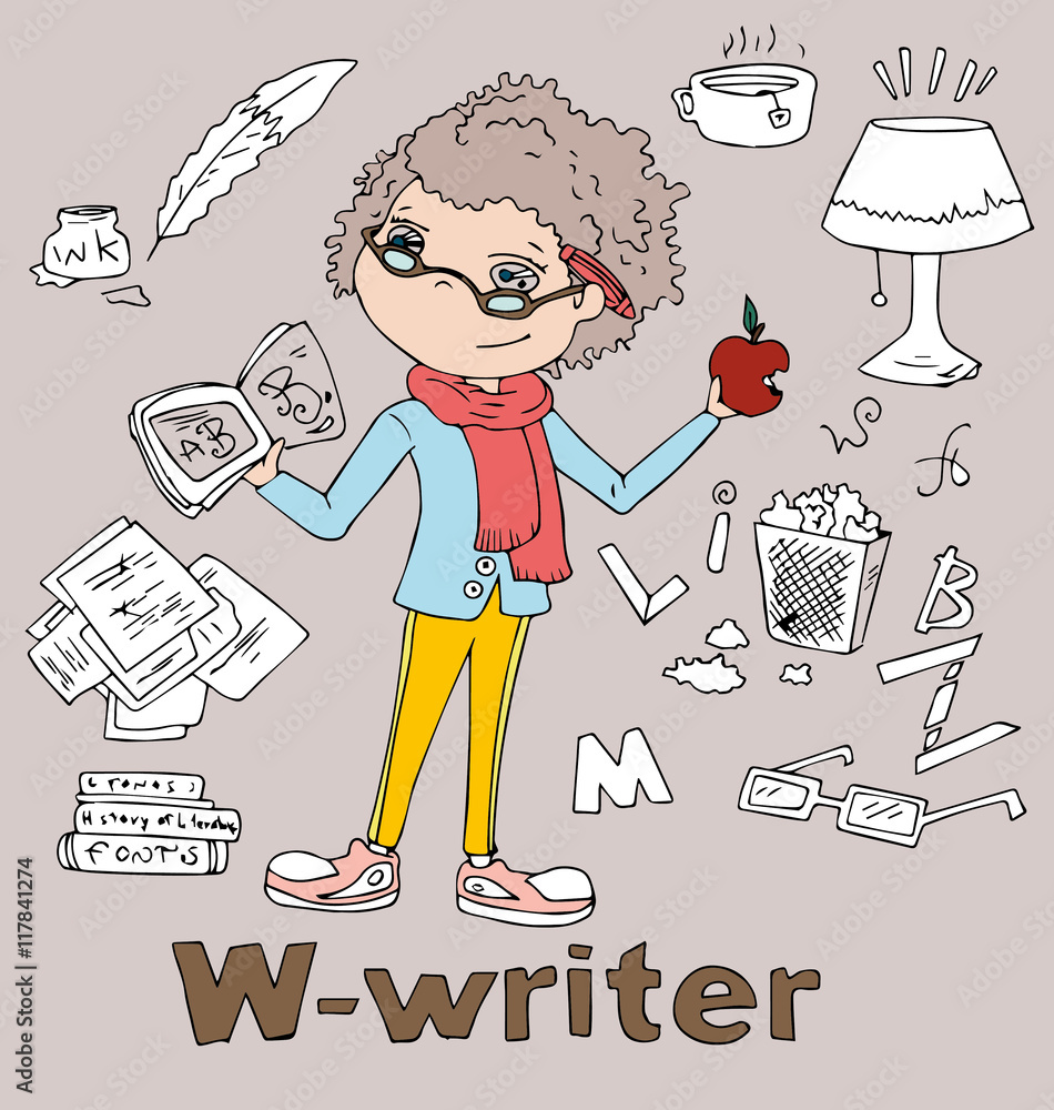 the professions writer in alphabetical order cartoon hand drawn outline ...