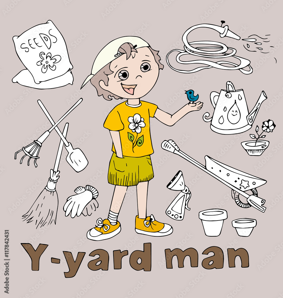 the professions yard man in alphabetical order cartoon hand drawn ...