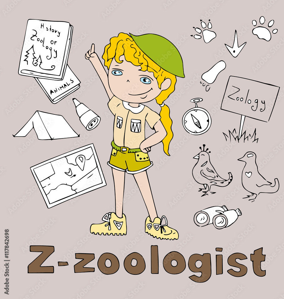 the professions zoologist in alphabetical order cartoon hand drawn ...