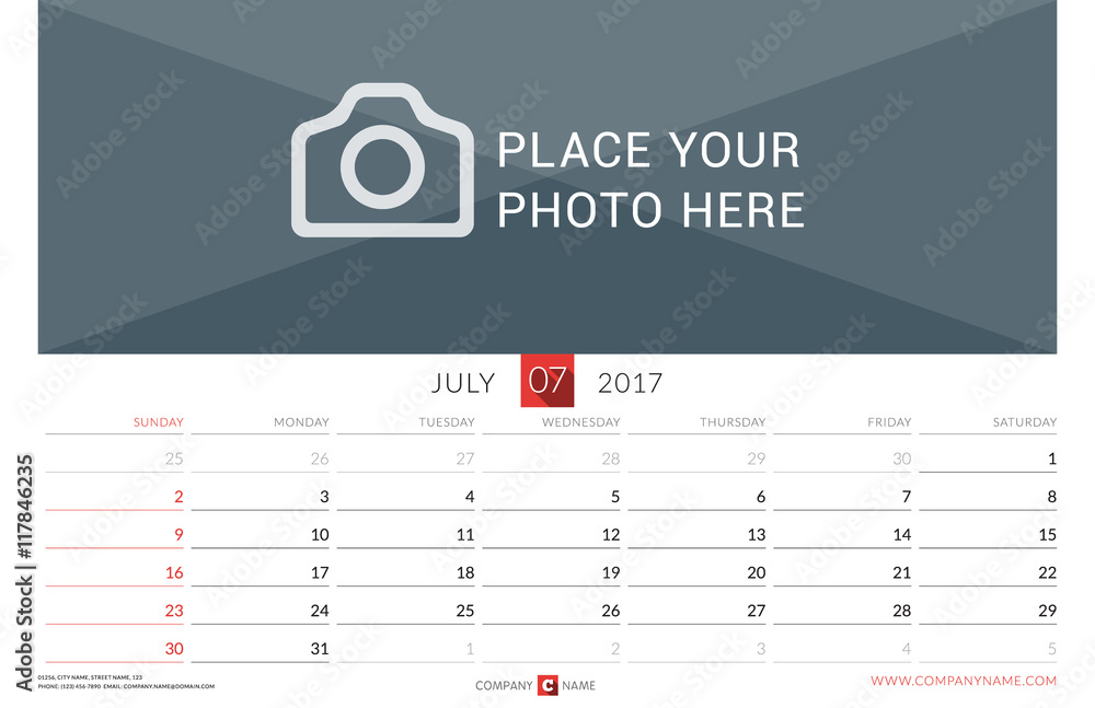 Wall Monthly Calendar for 2017 Year. Vector Design Print Template. Week ...