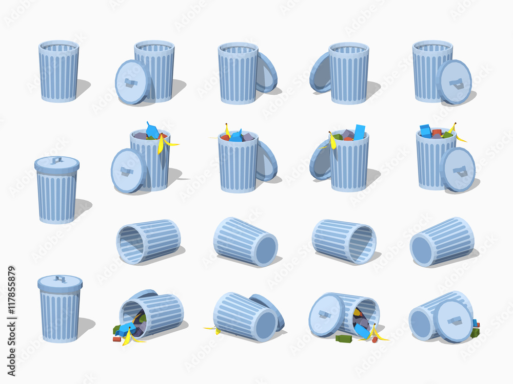 Set of the trash cans. 3D lowpoly isometric vector illustration. The ...