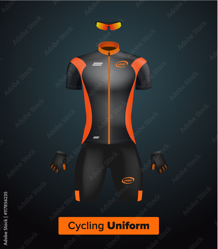 Realistic vector cycling uniform template. Black and orange. Branding ...
