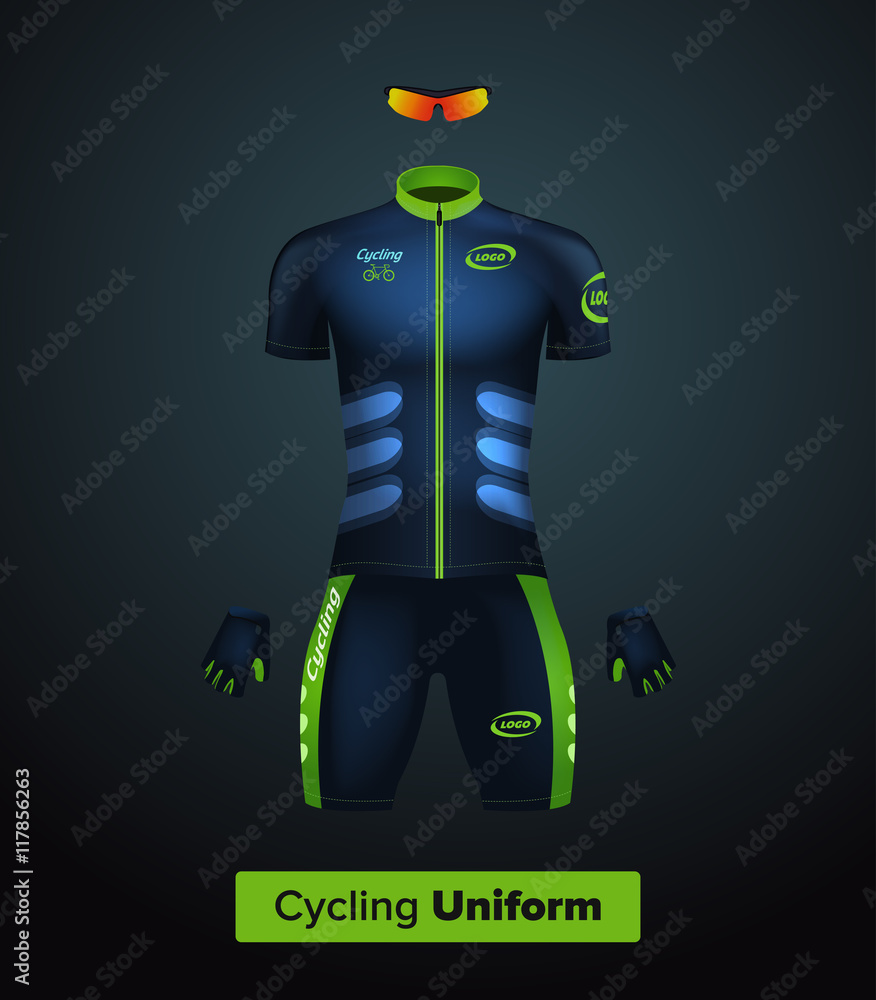 Realistic vector cycling uniform template. Blue and green. Branding ...