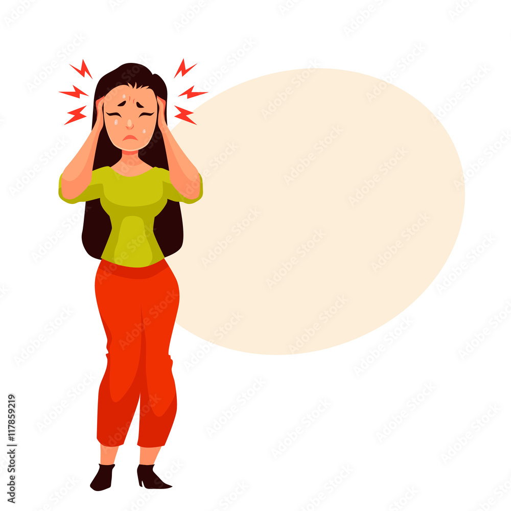 Black haired young woman having a headache, cartoon style vector ...
