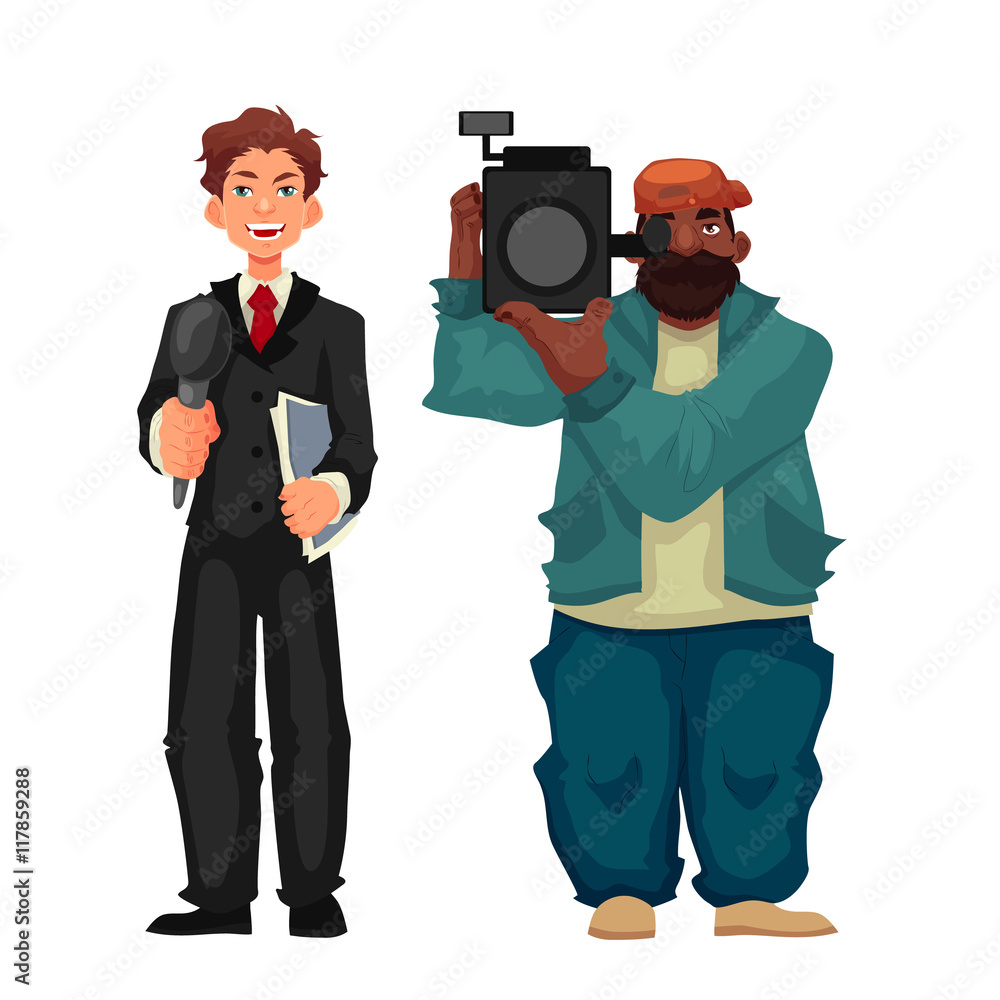 Beautiful male journalist, reporter and operator, cartoon style vector ...