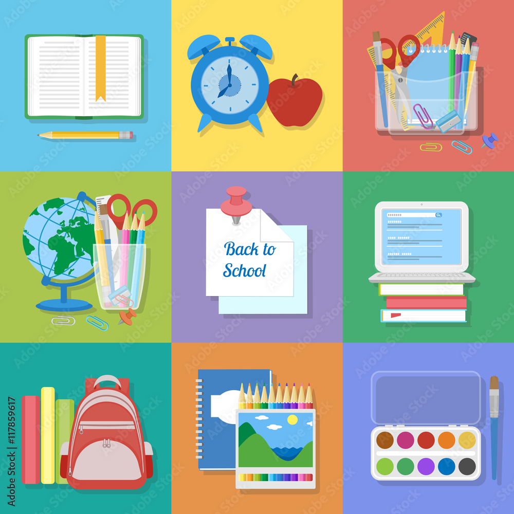 School supplies and items set. Back to school. Textbook, laptop ...