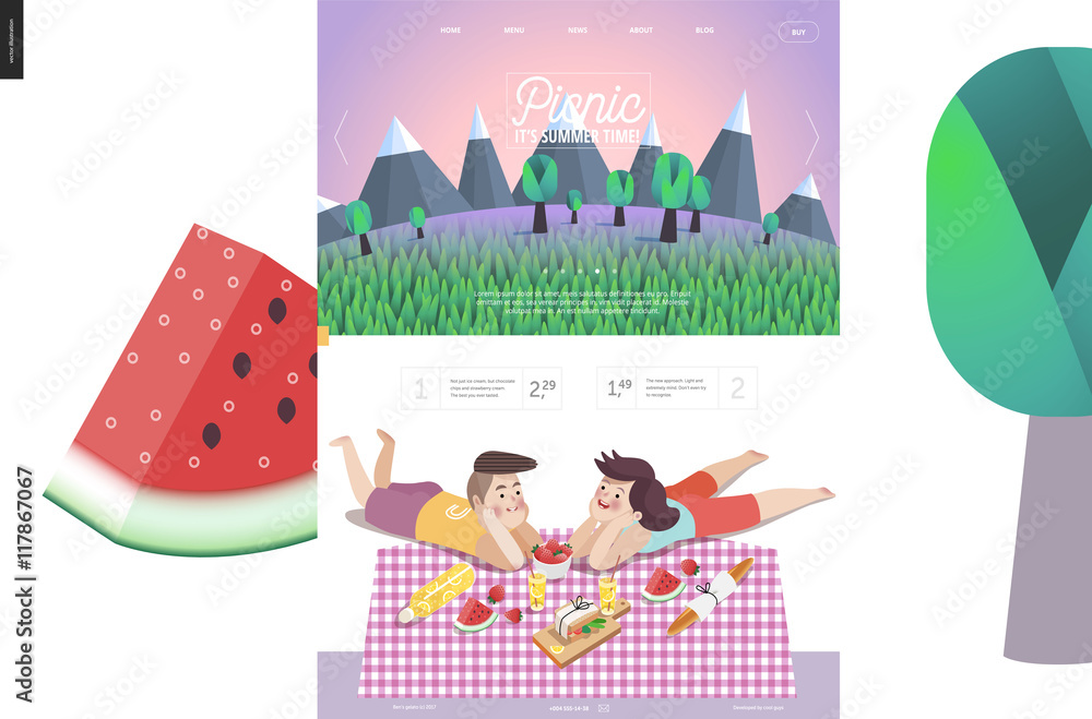 Picnic website template - landscape in header, and flat cartoon vector ...