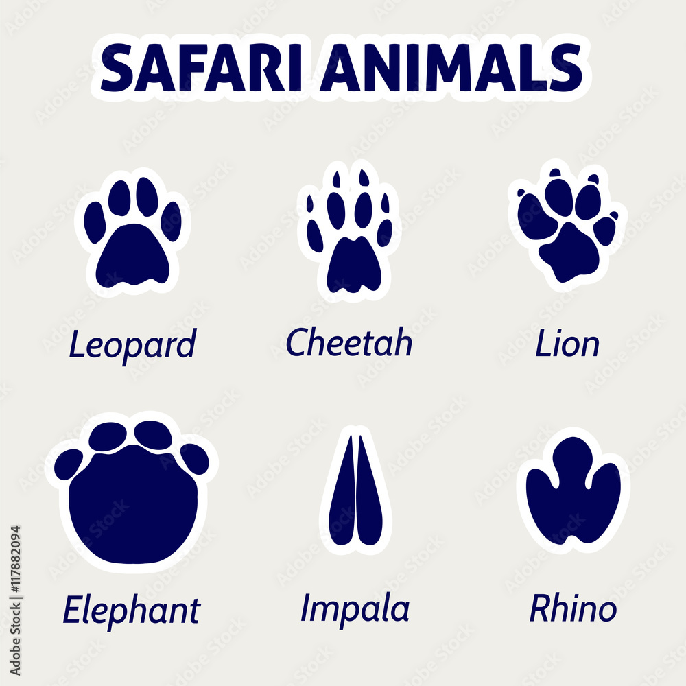 Safari animals footprint blue coclor stickers. Vector illustration ...