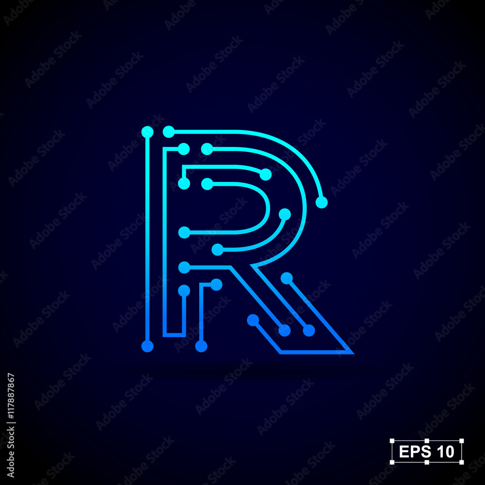 Letter R logo design template,Technology abstract dot connection cross vector logo icon circle ...