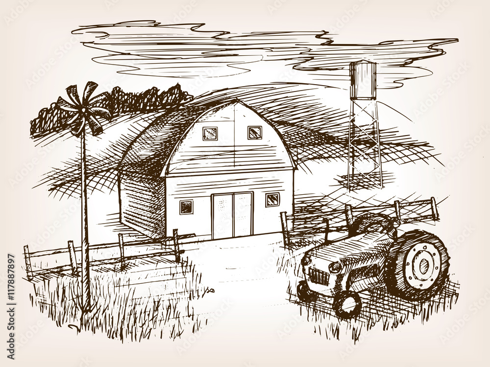 Farm landscape sketch vector illustration Stock Vector | Adobe Stock