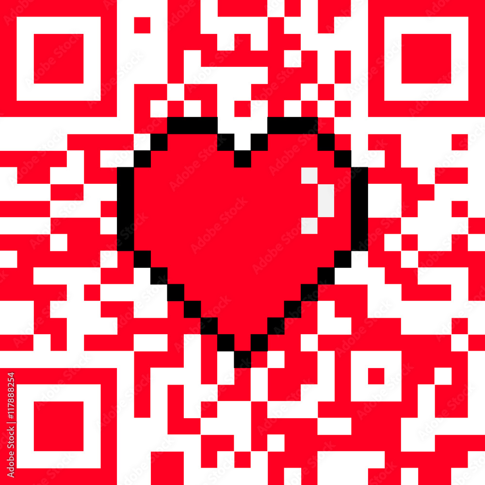 Vector QR code with encoded "LOVE" caption and 8 bit pixel heart ...