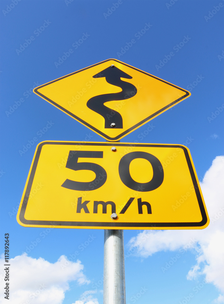 yellow and black curved arrow 50 km/h speed sign Stock Photo | Adobe Stock