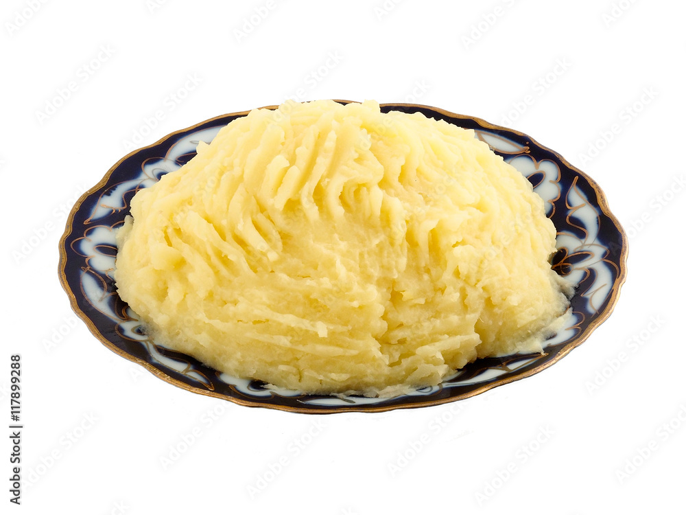 Beautiful plate with mashed potatoes on a white background Stock-Foto ...