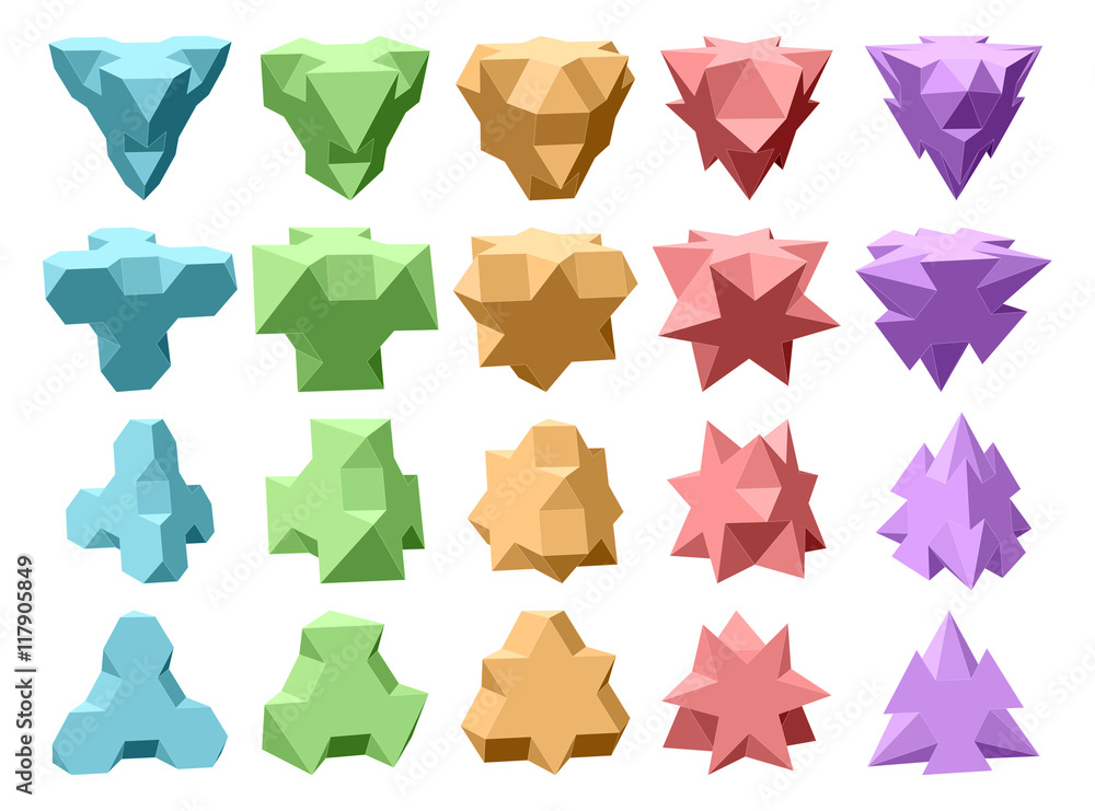 Set of vector complex geometric shapes based on tetrahedron. Fiv Stock ...