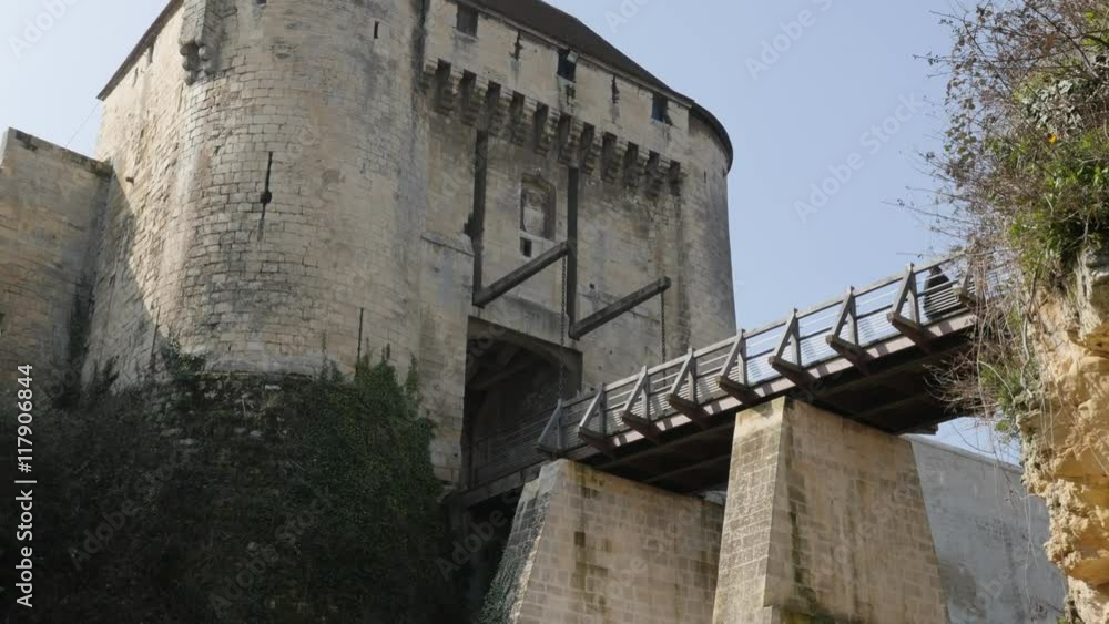 Castle entrance and drawbridge system details tilting 4K 2160p 30fps ...