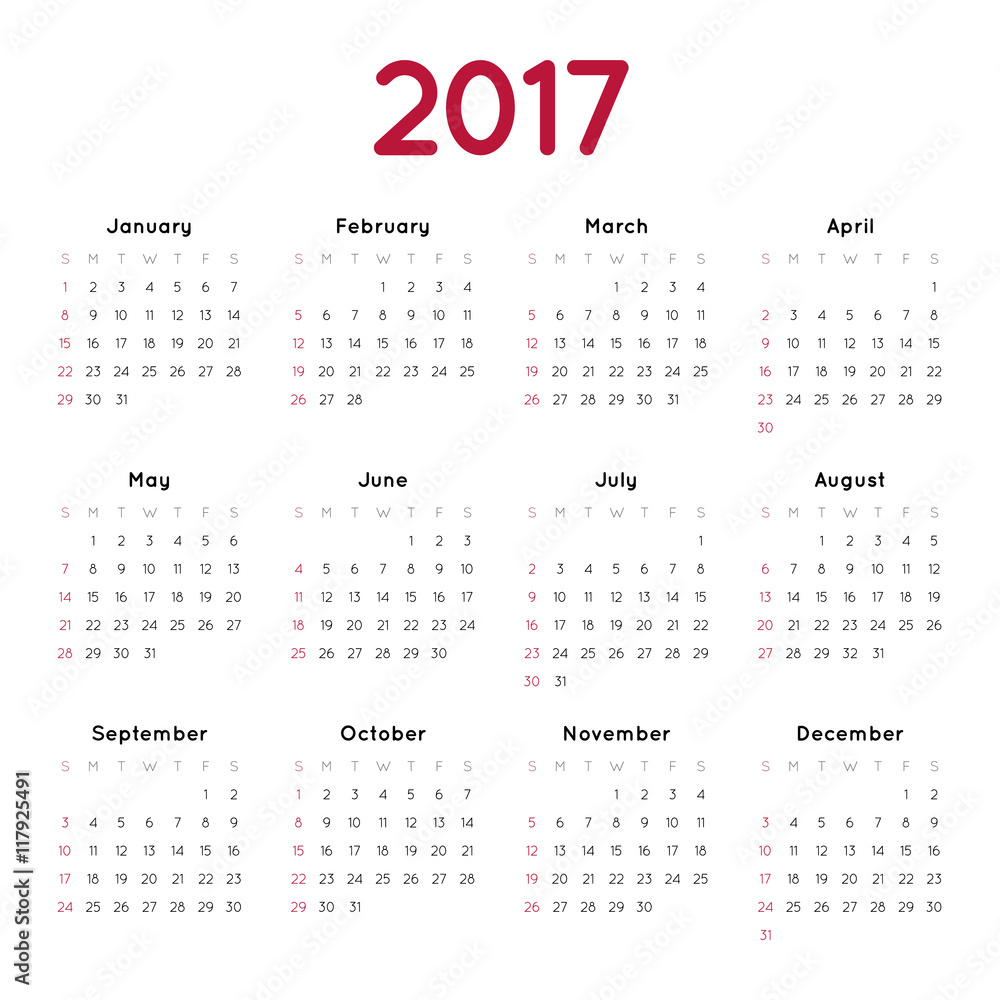 Vector calendar for 2017 on white background. Week starts from sunday ...