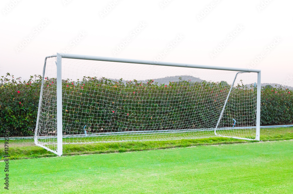 Goal shot from the corner in the front ,soccer field,empty amateur ...