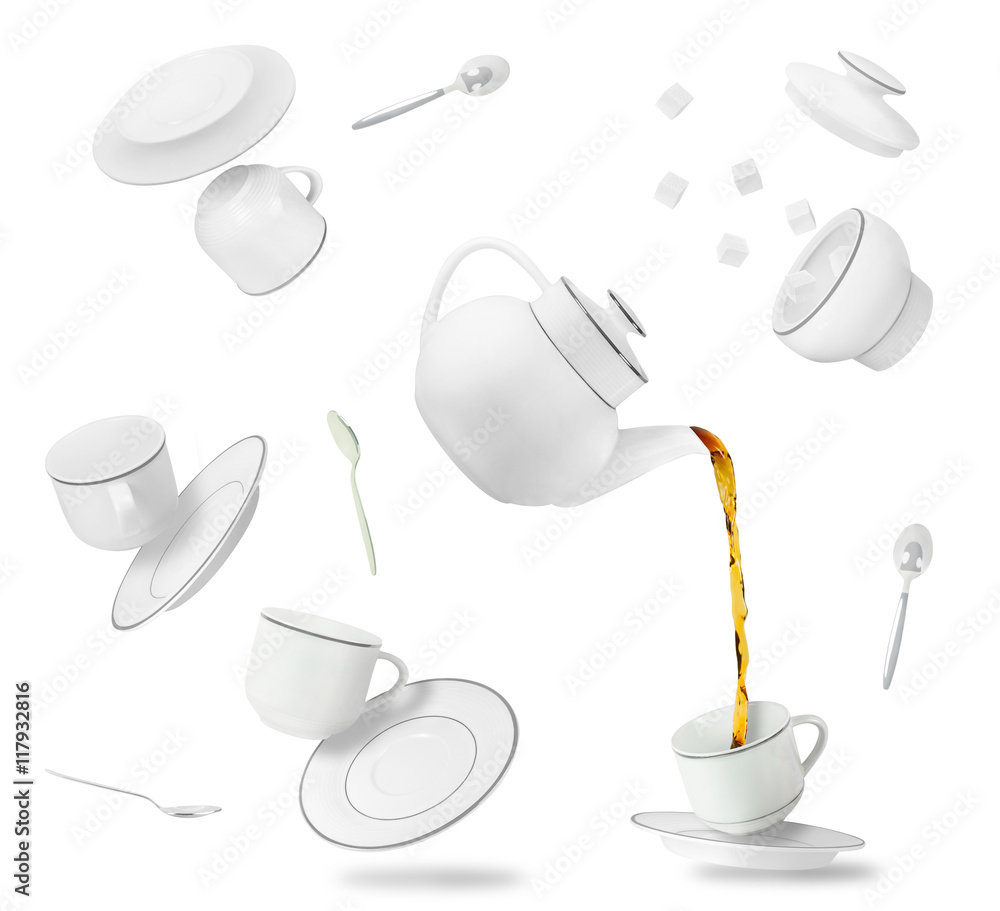 Set of flying and falling tea cups, saucers and pot isolated on white ...