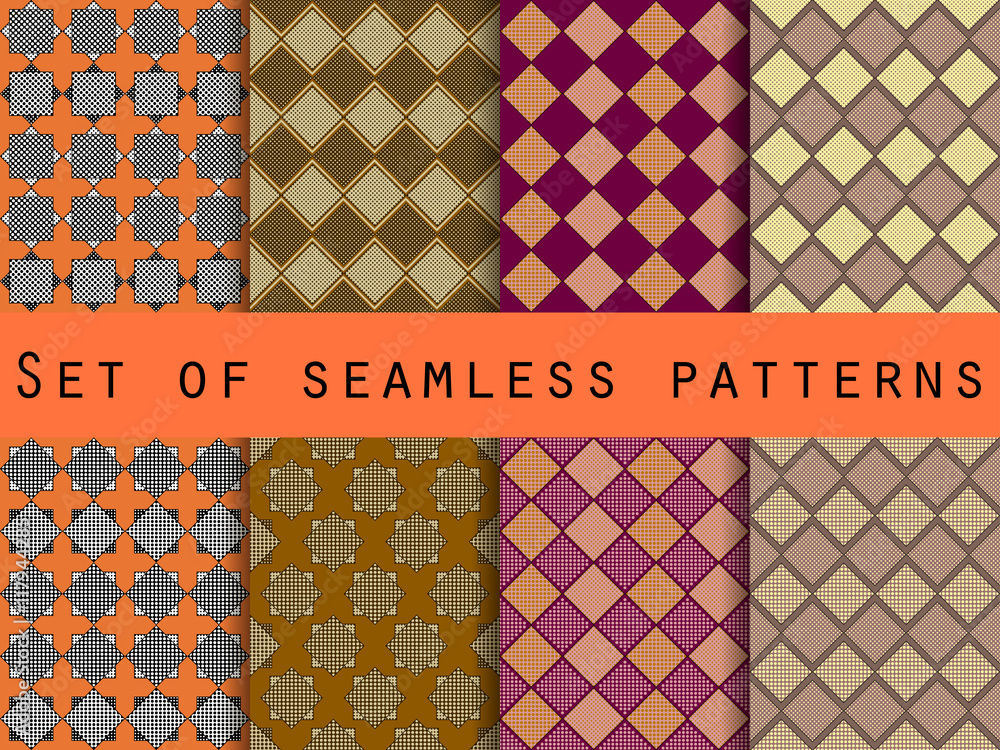 Seamless checkered patterns with dots and stripes. Set vector ...