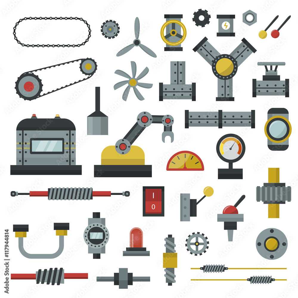 Parts of machinery flat icons set manufacturing work detail design ...