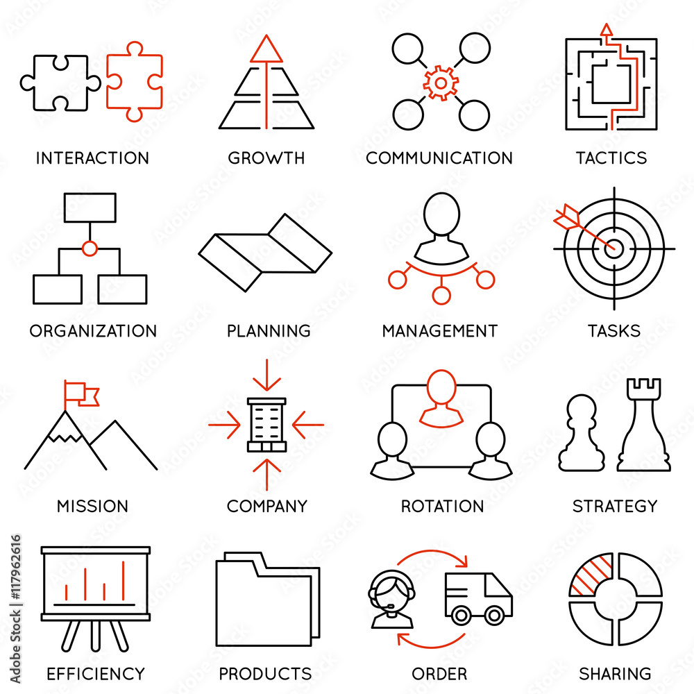 Set linear icons of business management, strategy, career progress and ...