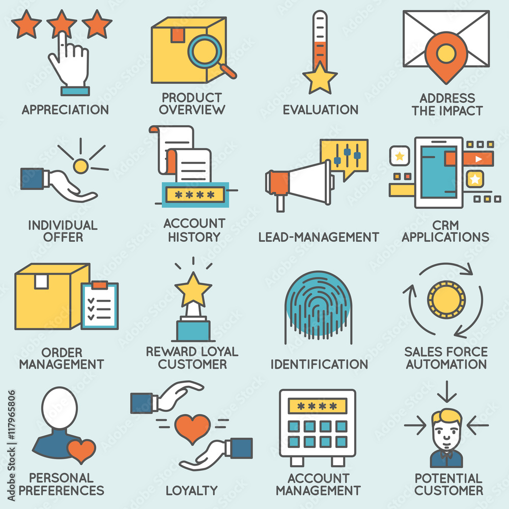 Vector set of icons related to customer relationship management. Flat ...