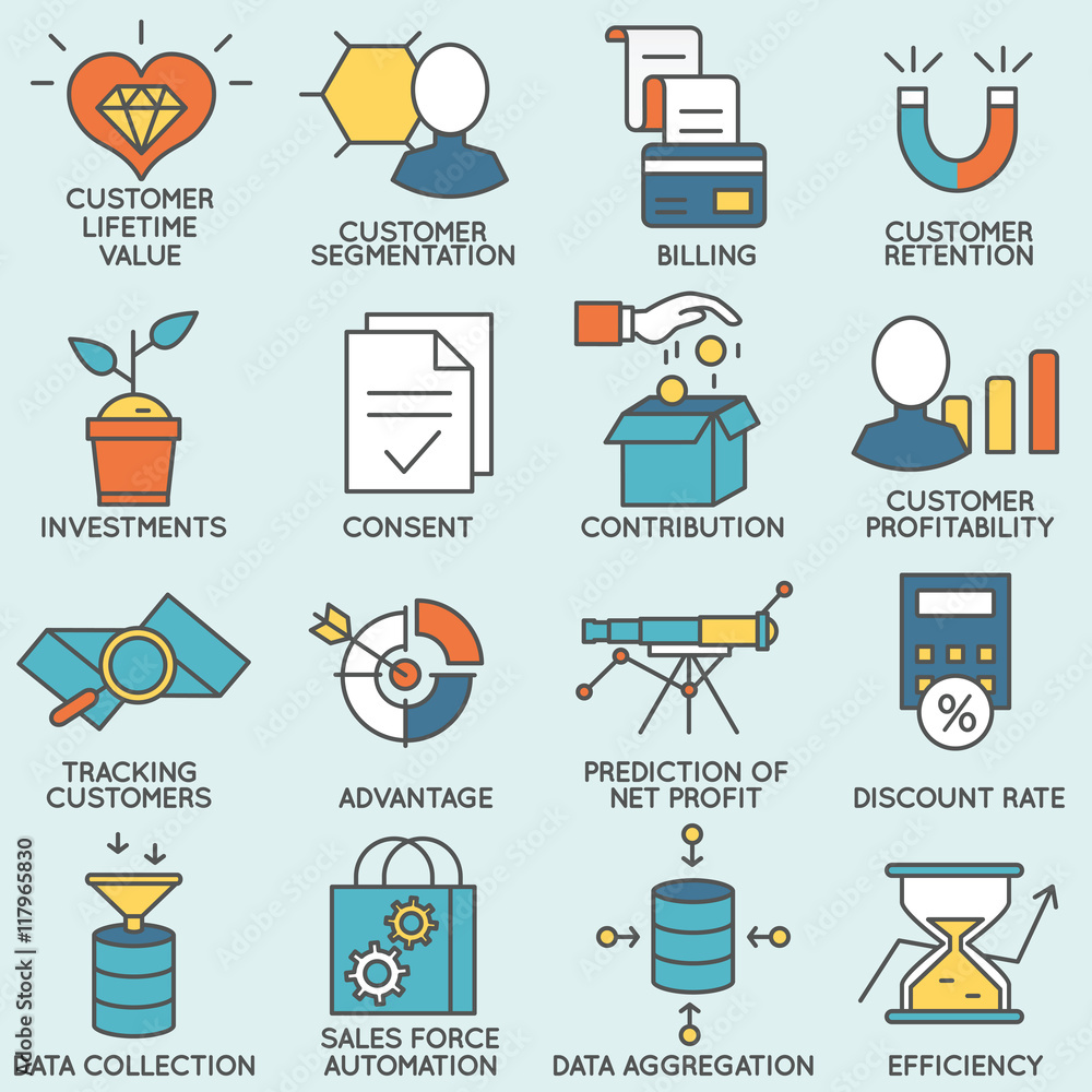 Vector set of icons related to customer relationship management. Flat ...