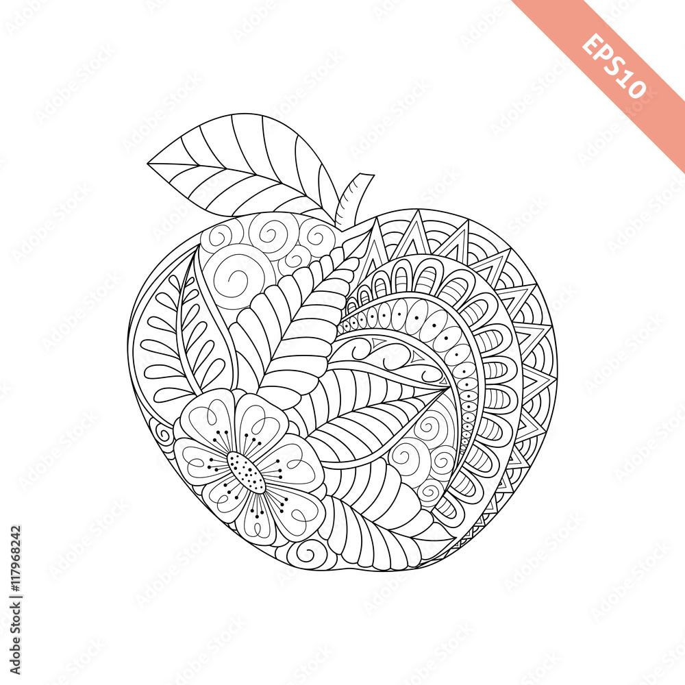 Vector illustration cartoon ornate apple. Coloring book page Stock ...