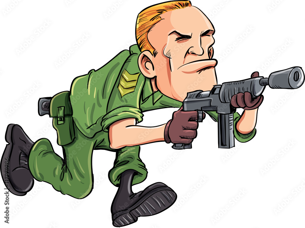 Cartoon soldier with a machine gun isolated on white Stock Illustration ...